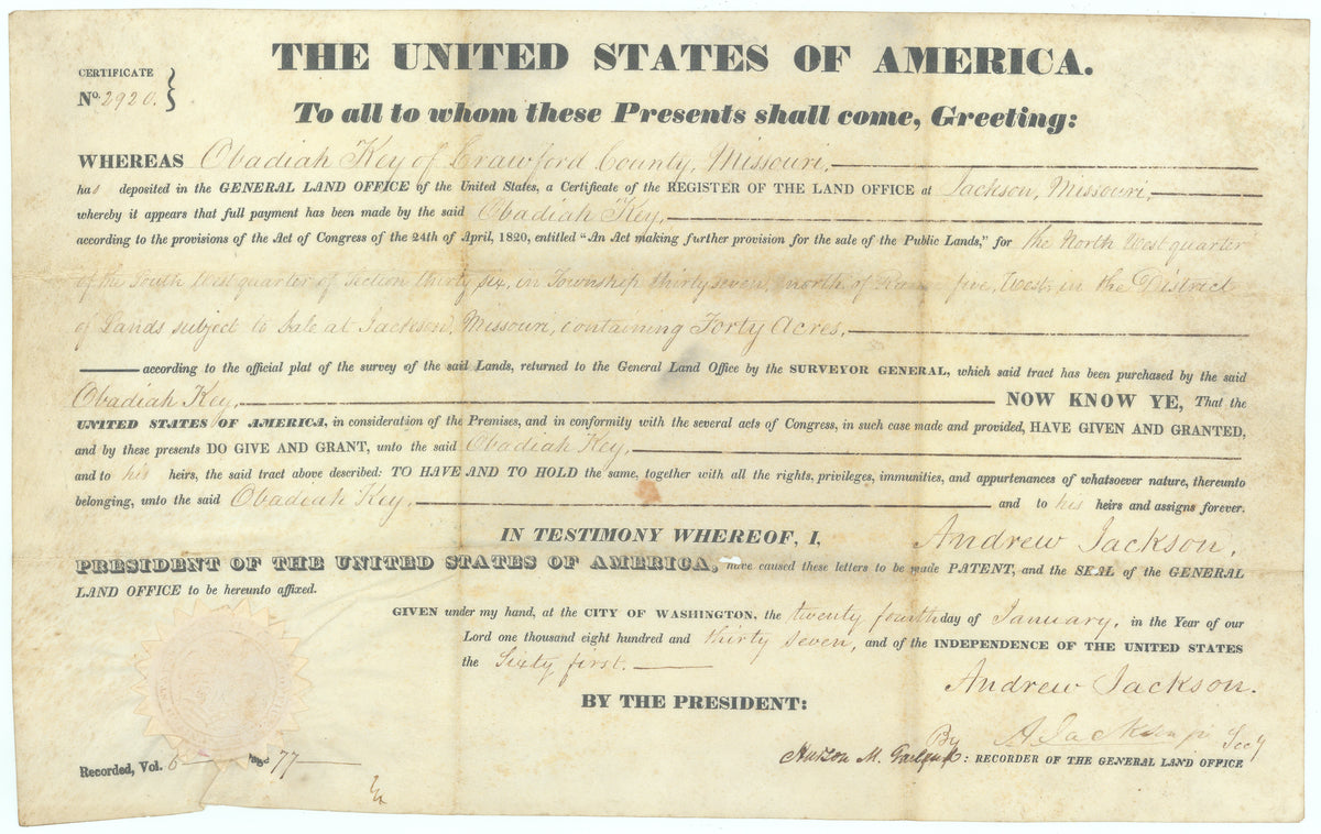 Andrew Jackson Secretarial Signed Land Grant: Andrew Jackson Donelson ...