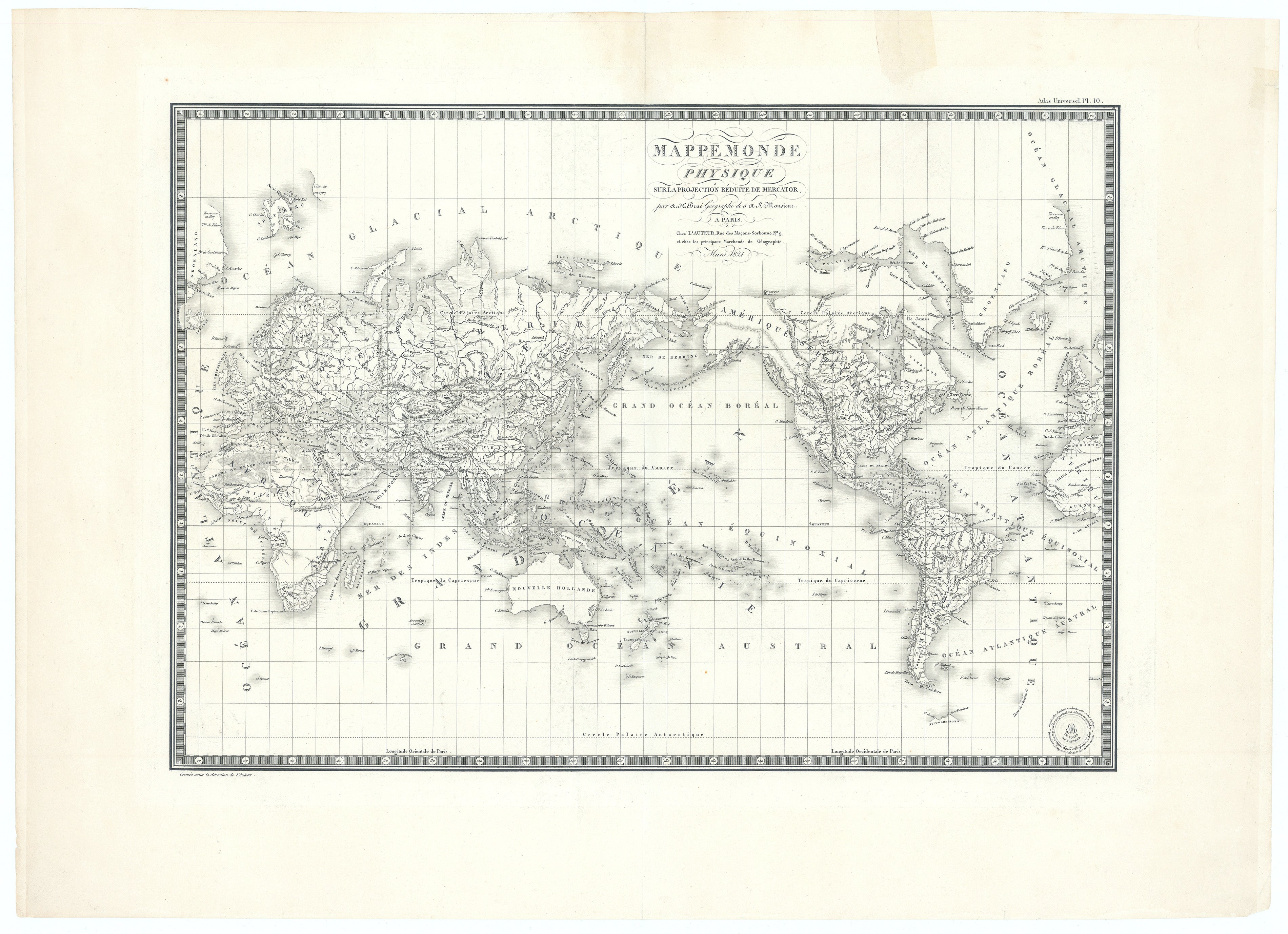 Mappe Monde Physique...: Brue, 1821 – The Antiquarium Antique Maps | Quality Custom Picture Framing
