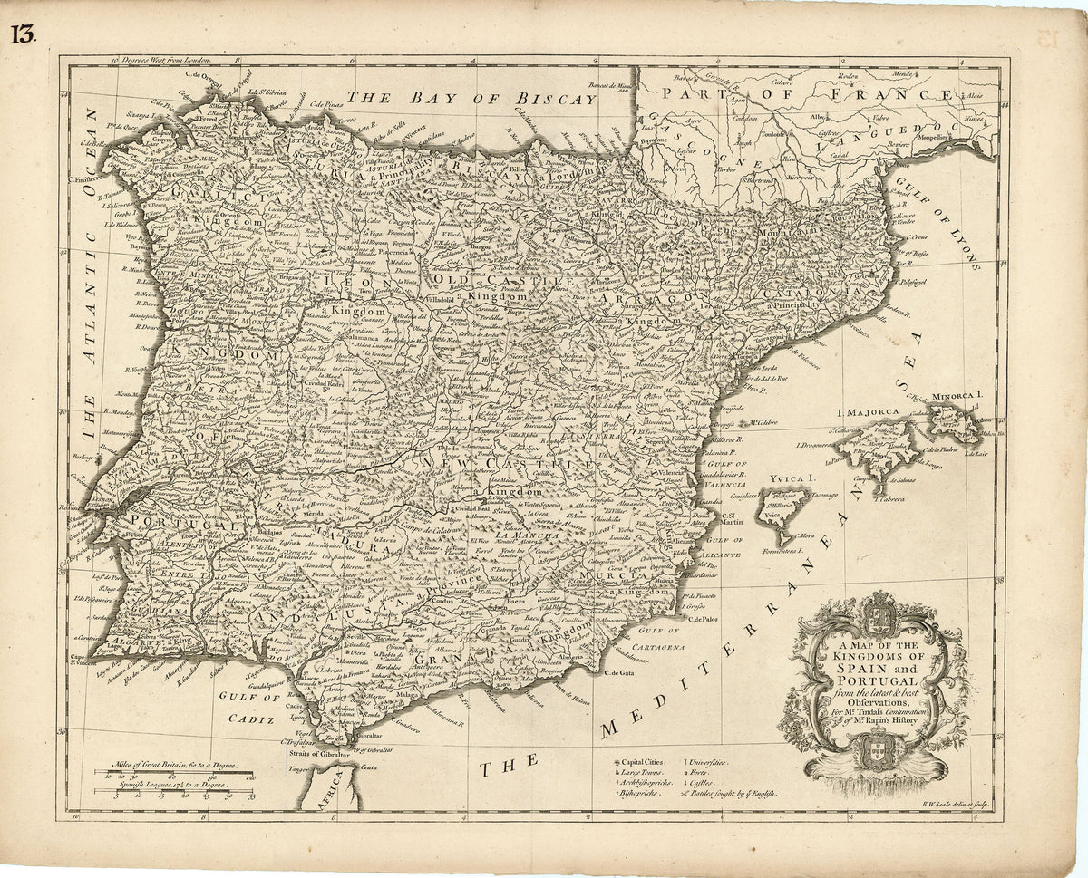 A Map of the Kingdoms of Spain and Portugal: Tindal and Rapin 1752 ...