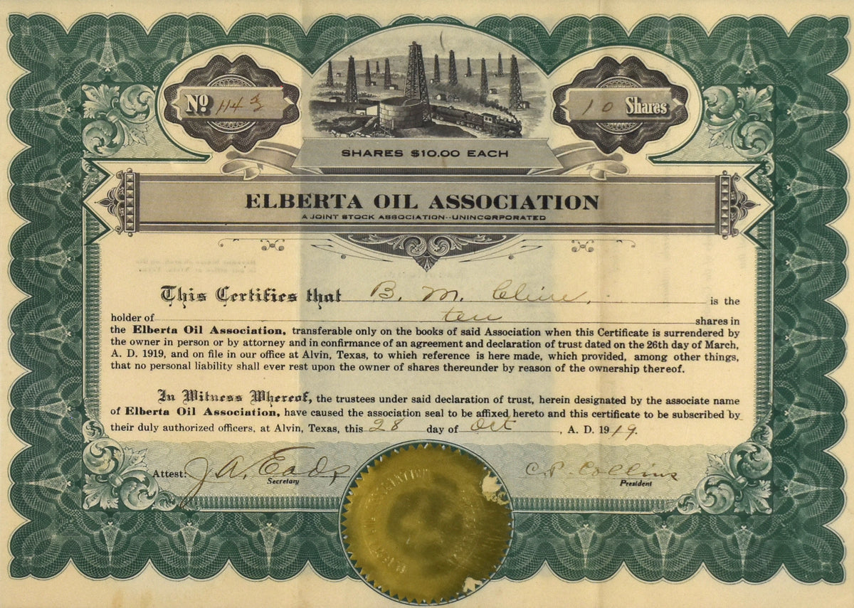 Elberta Oil Association Alvin, Texas Stock Certificate: 1919 – The ...