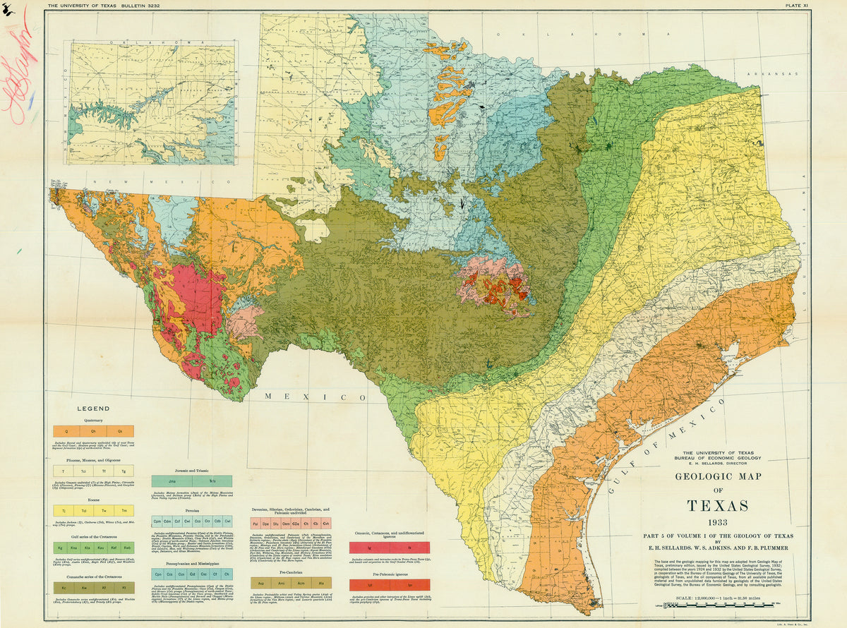 Geologic Map of Texas: Sellards 1933 – The Antiquarium Antique Maps ...